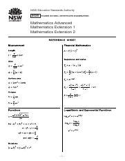 Mathematics Advanced Extension 1 And Extension 2 Reference Sheet Pdf