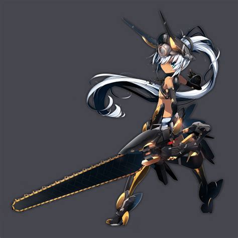Safebooru Aqua Eyes Armor Bare Shoulders Chainsword Dark Skin Elbow