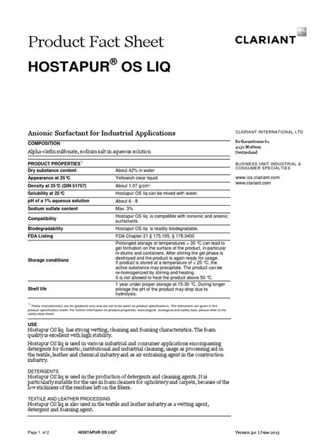 Tds Hostapur Os Liq Pdf Surfactant Applied And Interdisciplinary