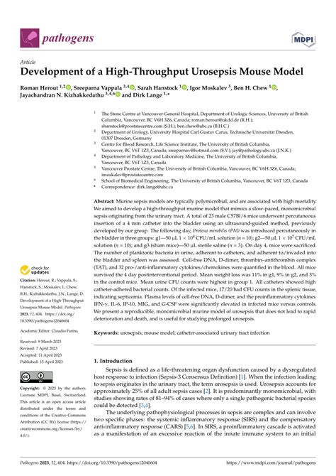 Pdf Development Of A High Throughput Urosepsis Mouse Model