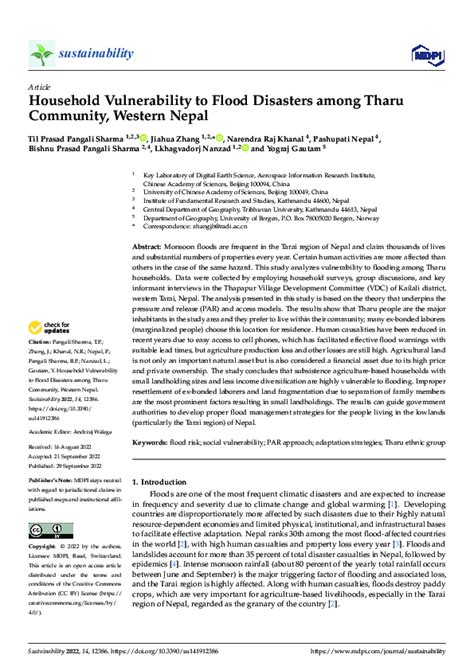 Pdf Household Vulnerability To Flood Disasters Among Tharu Community Western Nepal