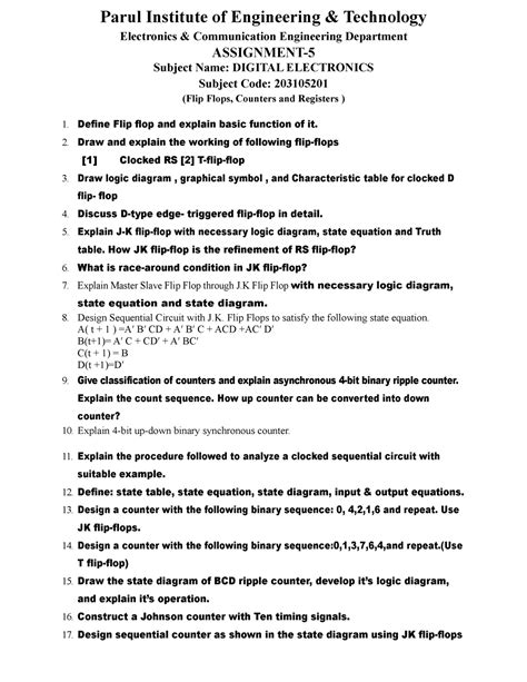 De Assignment 5 Sequantial Logic Assignment Subject Name Digital Electronics Subject Code
