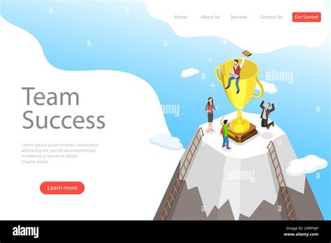 Flat Isometric Vector Landing Pate Template Of Team Success Effective Teamwork Business