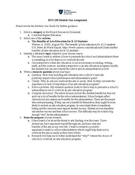 Eng 190 Module One Assignment Arts Education Impact On Schools Studocu