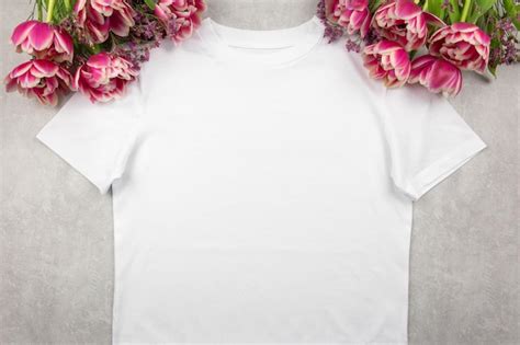 Premium Photo White Womens Cotton Tshirt Mockup With Pink Tulips