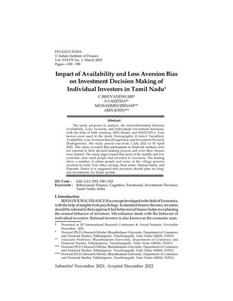 Pdf Impact Of Availability And Loss Aversion Bias On Investment Decision Making Of Individual