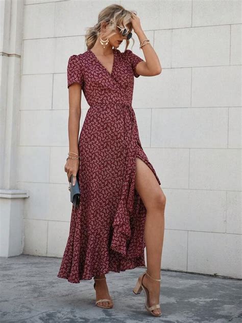 SHEIN LUNE Vestido Cruzado Con Estampado Floral Con Nudo Lateral Bajo Con Fruncido Moda De