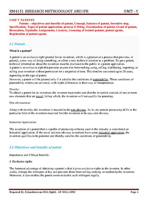 Unit V Patents Concept Unit V Patents Patents Objectives And