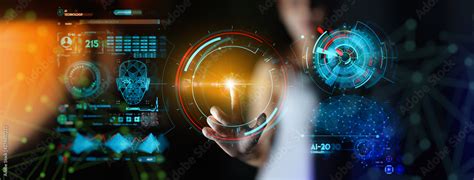 Businesswoman Hand Touching UI For Unlocking With Face Identification Facial Recognition