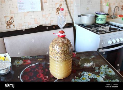 Active Wine Fermentation Process Water Seal On A Bottle Of Homemade