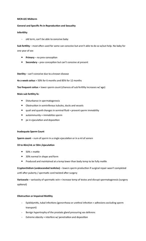 MCN LEC Midterm Nursing MCN LEC Midterm General And Specific Px In Reproduction And