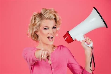 Premium Photo Woman In Pin Up Style Screaming In Megaphone Isolated