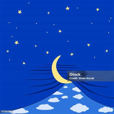 그림 만화 손으로 그리는 밤 낮 변화 일출 일몰 달과 별은 흐린 푸른 하늘에 커튼으로 닫혀 좋은 밤을 기원합니다 0명에 대한 스톡 벡터 아트 및 기타 이미지 Istock