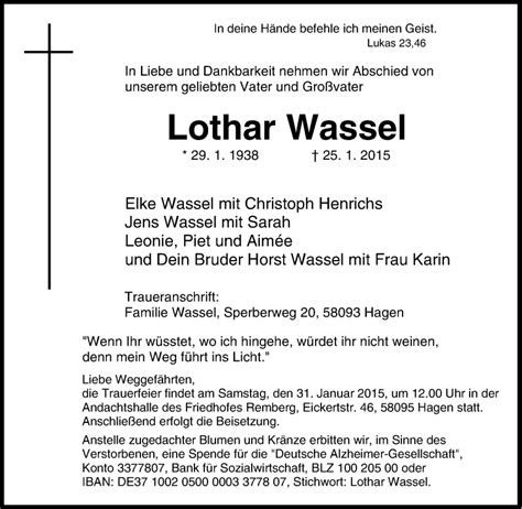 Traueranzeigen Von Lothar Wassel Trauer In Nrwde