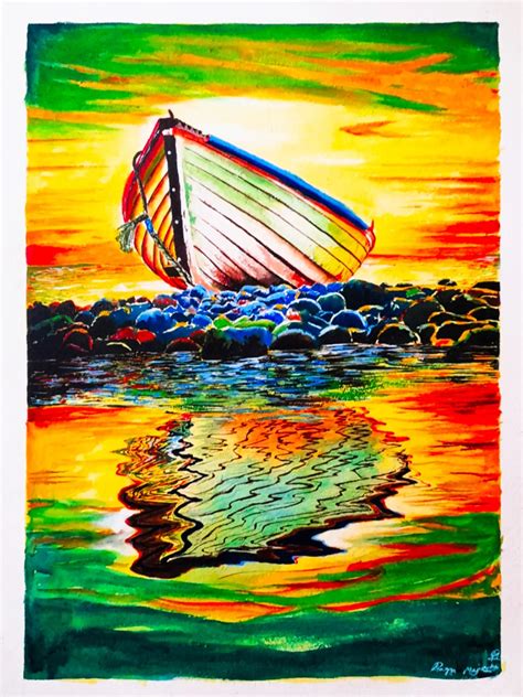 Boat On The Lake Painting By Pragga Majumder Exotic India Art