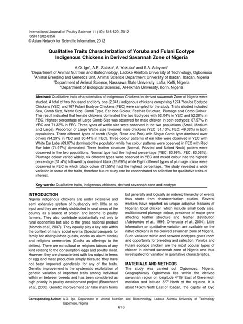 Qualitative Traits Characterization Of Yoruba And Fulani Ecotype Indigenous Chickens In Derived