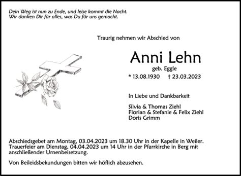 Traueranzeigen Von Anni Lehn Schwaebische De Trauerportal