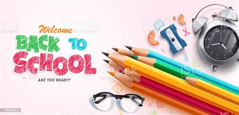 학교 벡터 디자인으로 돌아갑니다 색연필 용품과 미술 그리기 도구가 있는 학교 인사말 텍스트로 돌아가기 신학기에 대한 스톡 벡터