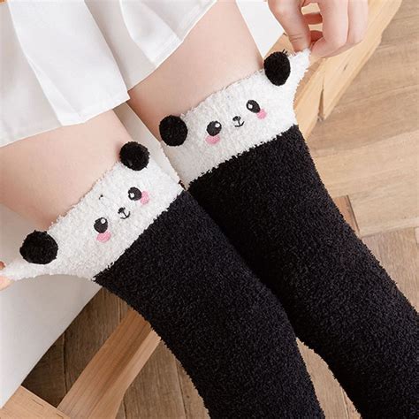 Cute Coral Fleece Stockings Women Cartoon Bear Panda Thigh High Over