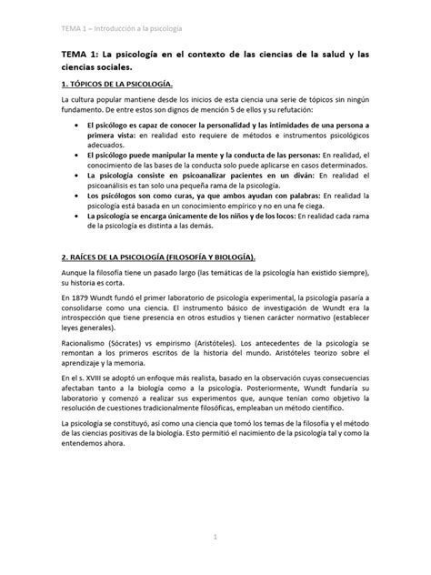 Tema 1 La Psicología En El Contexto De Las Ciencias De La Salud Y Las