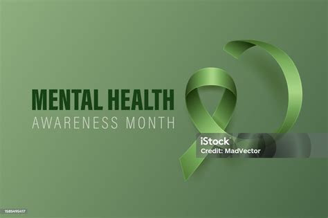 정신 건강 인식의 달 배너 카드 녹색 배경에 벡터 3d 현실적인 녹색 리본이 있는 플래카드 정신 건강 인식의 달 5월 기호 근접