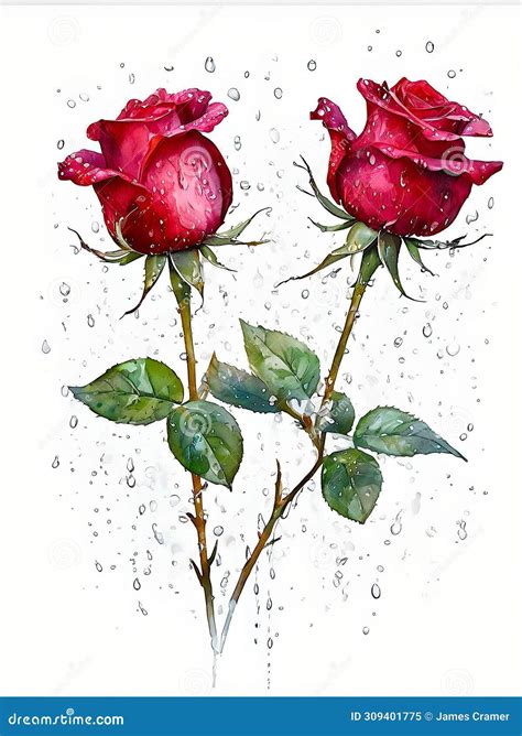 Illustration Of Two Beautiful Roses With Raindrops Watercolour Style