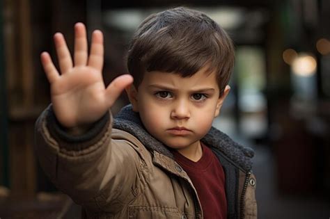 Premium Photo Angry Or Scared Little Boy Extends His Hand Forward