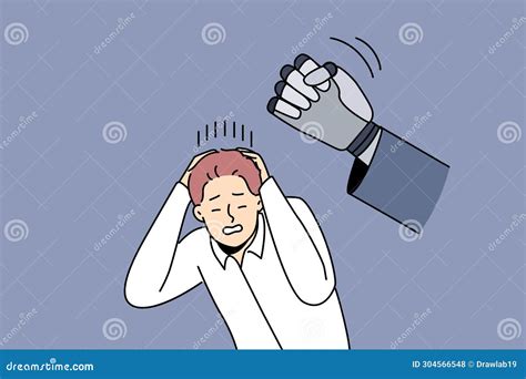 Robot Punishes Worker By Punching Man In Office Clothes For Concept Of