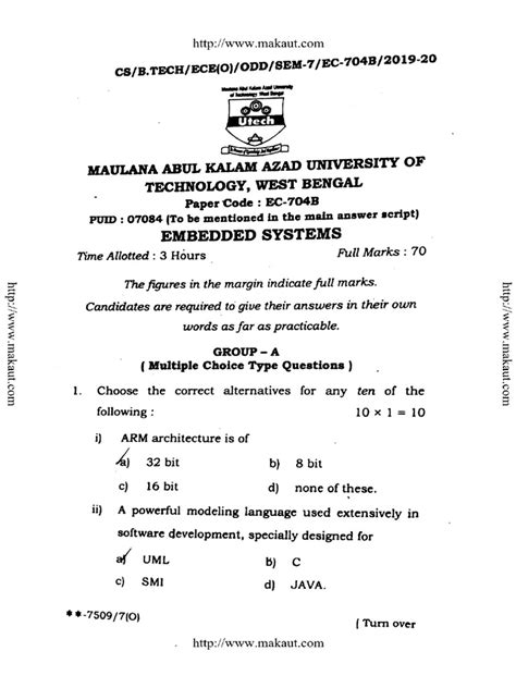 Btech Ec 7 Sem Embedded Systems Ec 704b 2020 Pdf