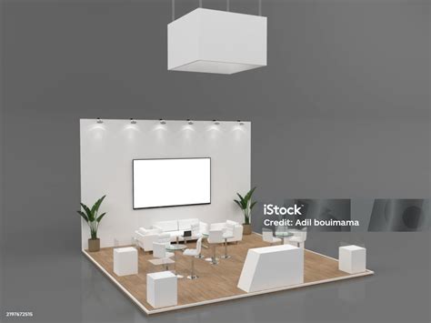 벽에 빈 스크린이 있는 현대적인 전시 부스 라운지 공간 제품 디스플레이 바 테이블 및 의자 공간 리셉션 데스크 옆 3d 렌더링 그림입니다 0명에 대한 스톡 사진 및 기타