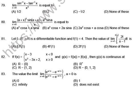 Jee Mathematics Limits Continuity And Differentiability Mcqs Set A With