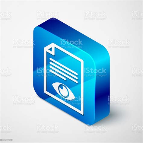 아이 기호 아이콘 흰색 배경에 고립 된 아이소메트릭 종이 페이지 정보 파일 기호를 엽니다 파란색 사각형 버튼을 클릭 합니다 벡터 일러스트 개념에 대한 스톡 벡터 아트 및