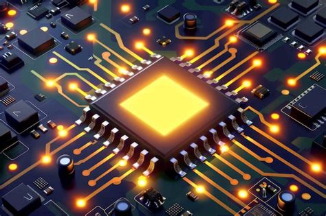 Ai Processor Chip On A Digital Circuit Board With Glowing Elements