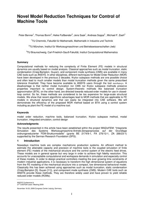 Pdf Novel Model Reduction Techniques For Control Of Machine Tools