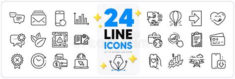 icons set of dating app air balloon and engineering documentation line
