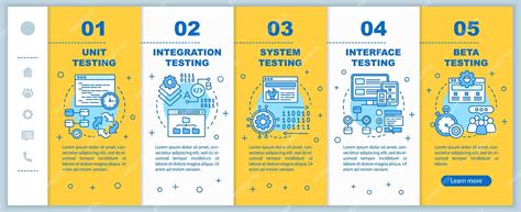노란색 온보딩 모바일 웹 페이지 벡터 템플릿을 테스트하는 기능 소프트웨어 선형 삽화가 있는 반응형 스마트폰 웹 사이트 인터페이스 아이디어 웹페이지 연습 단계 화면 색상