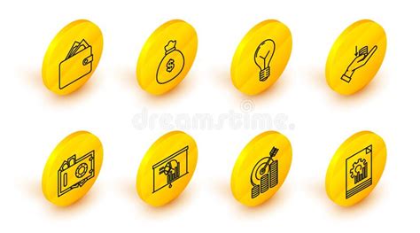 Set Line Document With Graph Chart Target Coin Symbol Board Safe And Money Money Hand Light