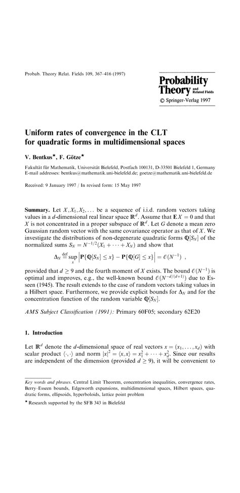 Pdf Uniform Rates Of Convergence In The Clt For Quadratic Forms In