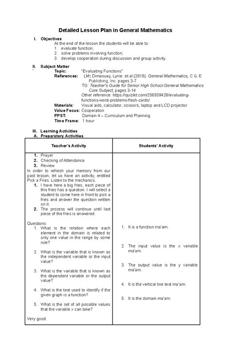 504869268 Lesson Plan Evaluating Functions In General Mathematics 1