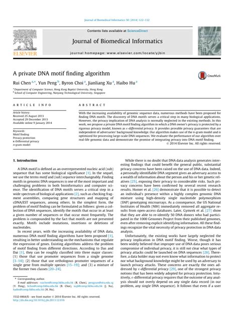 A Private Dna Motif Finding Algorithm 2014 Journal Of Biomedical