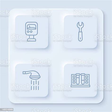 세트 라인 압력 수량계 렌치 스패너 샤워 및 시험관을 드롭합니다 흰색 사각형 버튼입니다 벡터 건강 검진에 대한 스톡 벡터 아트 및 기타 이미지 Istock