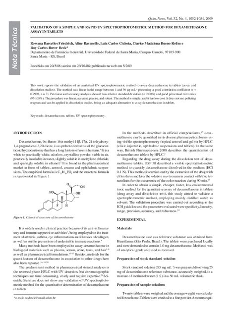 Pdf Validation Of A Simple And Rapid Uv Spectrophotometric Method For Dexamethasone Assay In
