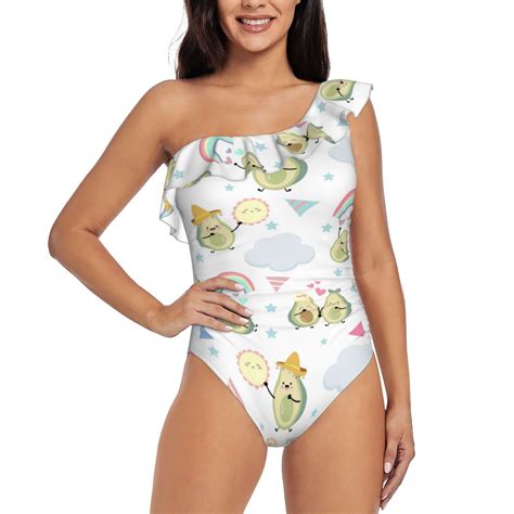 Bingfone Green Blue Avocado Print Womens One Piece Swimsuits One Shoulder Ruffle Bathing Suits