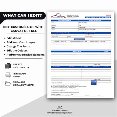 Auto Body Repair Estimate Editable Auto Body Repair Estimate Template