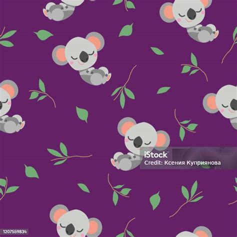 코알라 곰 아기 잠자는 원활한 패턴 유칼립투스 가지와 잎 간단한 평면 그림입니다 만화 스타일입니다 귀엽고 재미있습니다 어린이 용 침대 린넨 벽지 섬유 및 포장지 0명에 대한