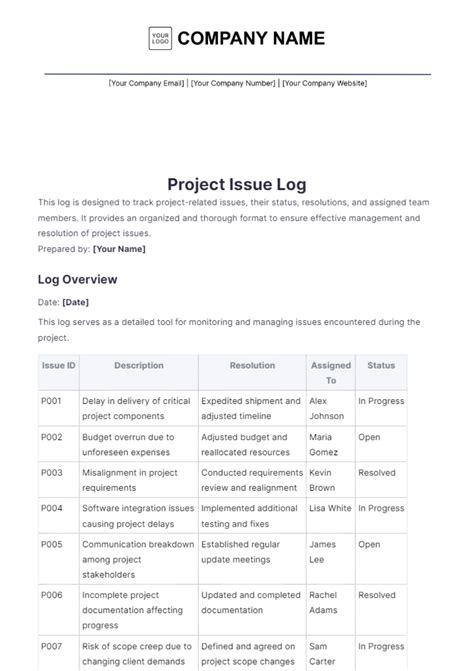 Printable Project Issue Log Template Edit Online And Download Example