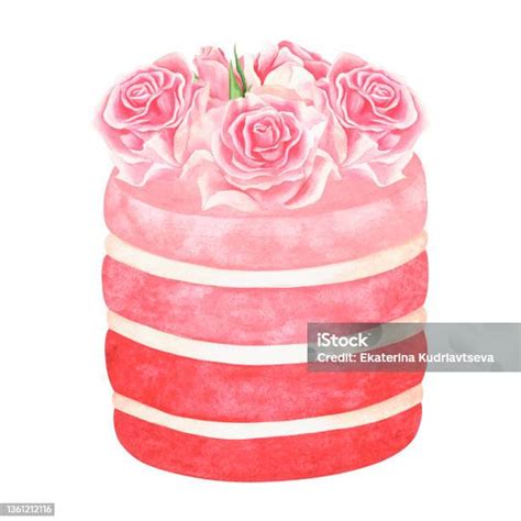 장미와 핑크 웨딩 케이크 수채화 빈티지 일러스트 흰색 배경에서 격리 결혼 의식에 대한 스톡 벡터 아트 및 기타 이미지 결혼