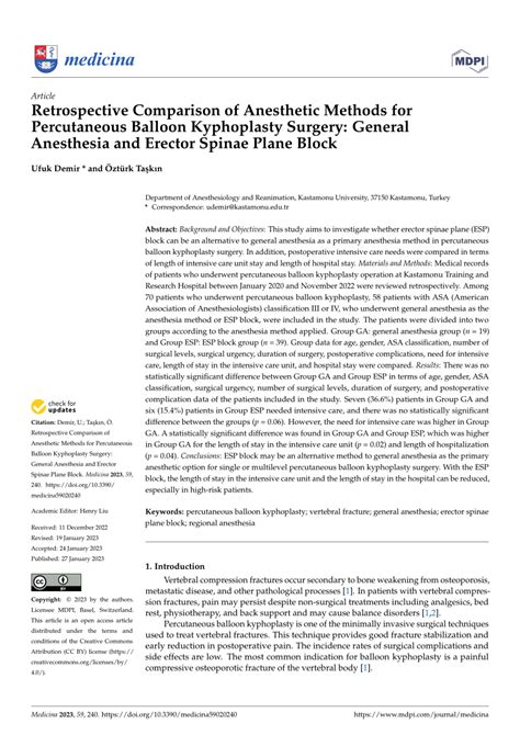 Pdf Retrospective Comparison Of Anesthetic Methods For Percutaneous Balloon Kyphoplasty