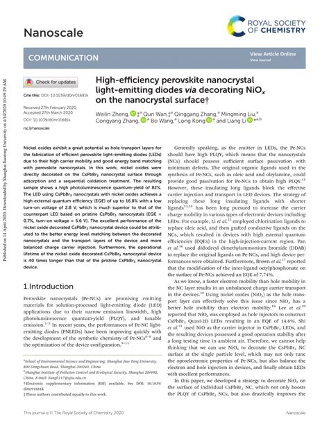 Pdf High Efficiency Perovskite Nanocrystal Light Emitting Diodes Via