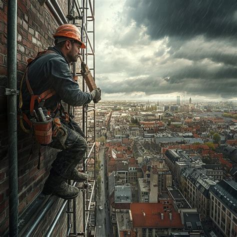 Bricklayer On Scaffolding Working At Height Premium Ai Generated Image